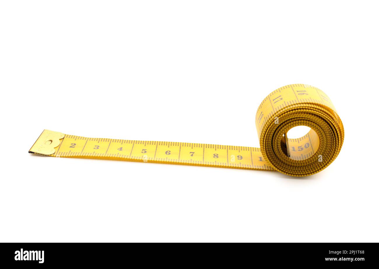 New measuring tape isolated on white background Stock Photo - Alamy