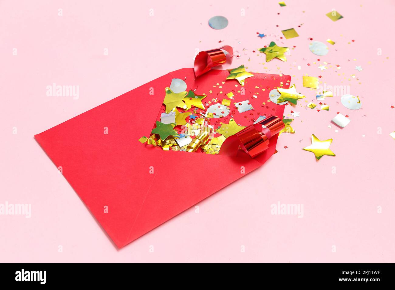 Composition with envelope and confetti on pink background Stock Photo ...