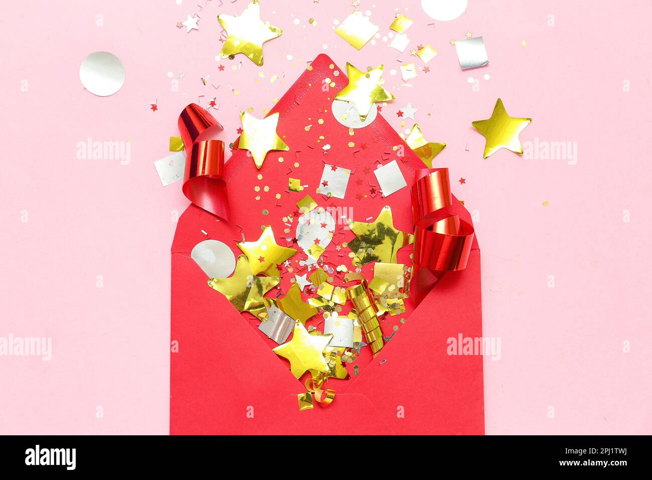 Composition with envelope and confetti on pink background Stock Photo ...