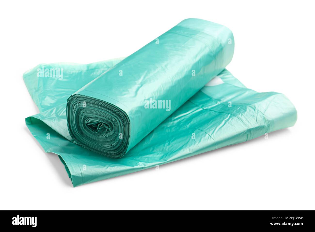 Green roll of garbage bags isolated on white background Stock Photo - Alamy