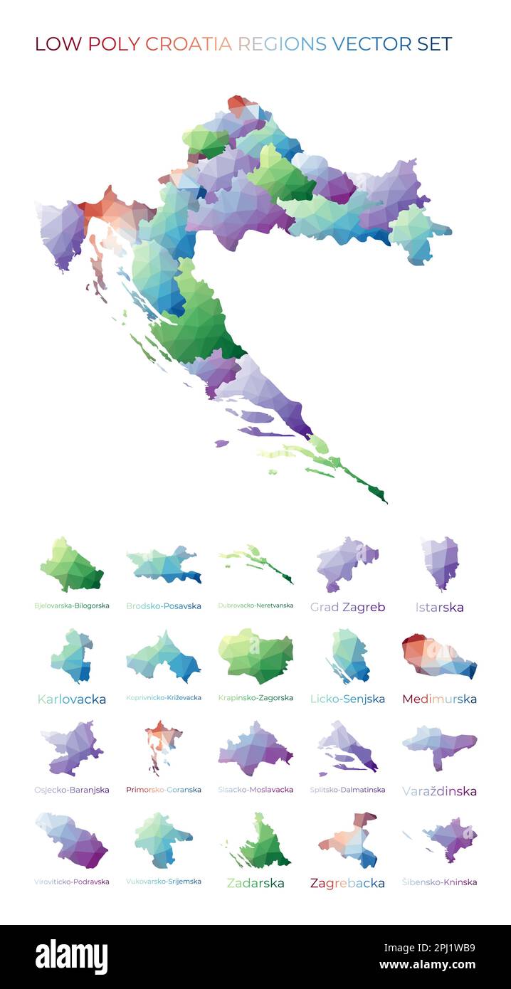 Croatian low poly regions. Polygonal map of Croatia with regions. Geometric maps for your design ...