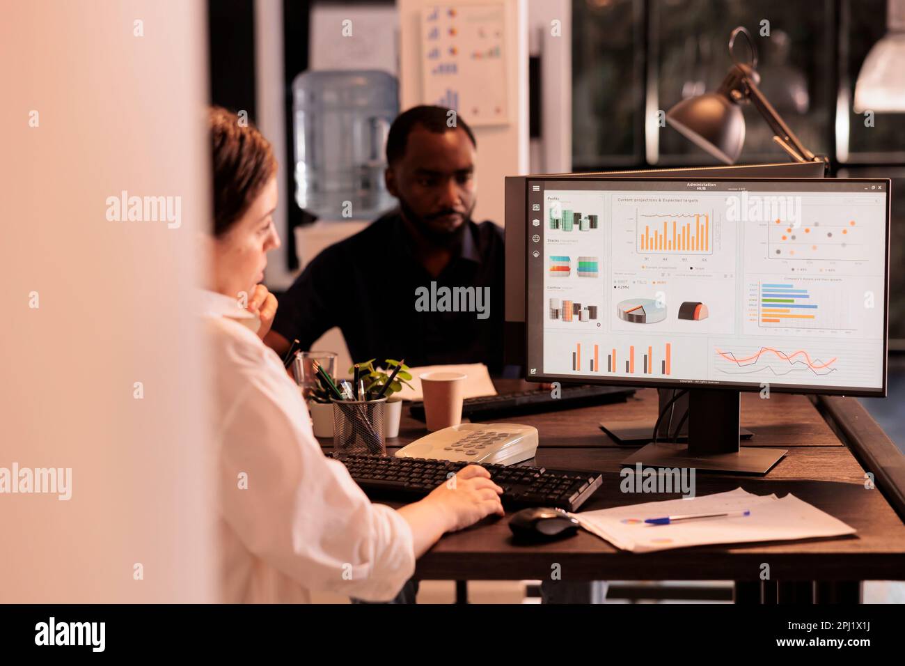 Employee analyzing company report diagrams on computer screen, woman ...