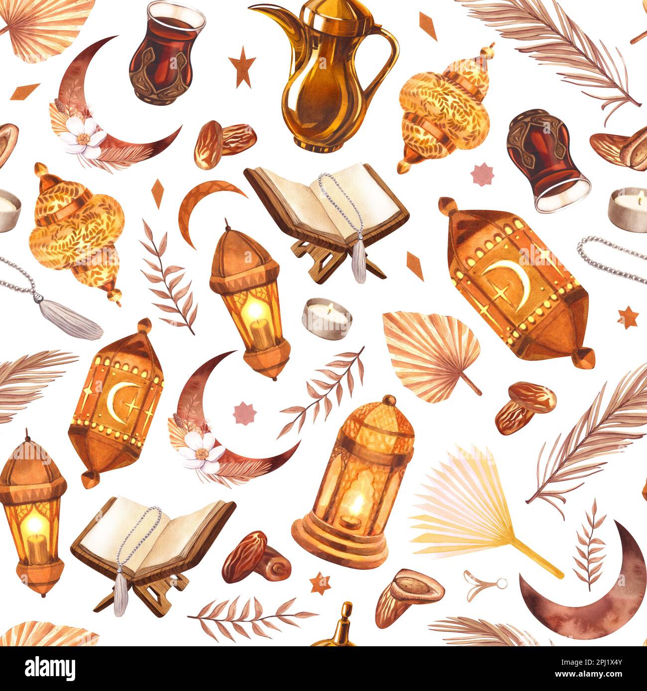 Watercolor painted seamless pattern islamic object. Hand-drawn ...