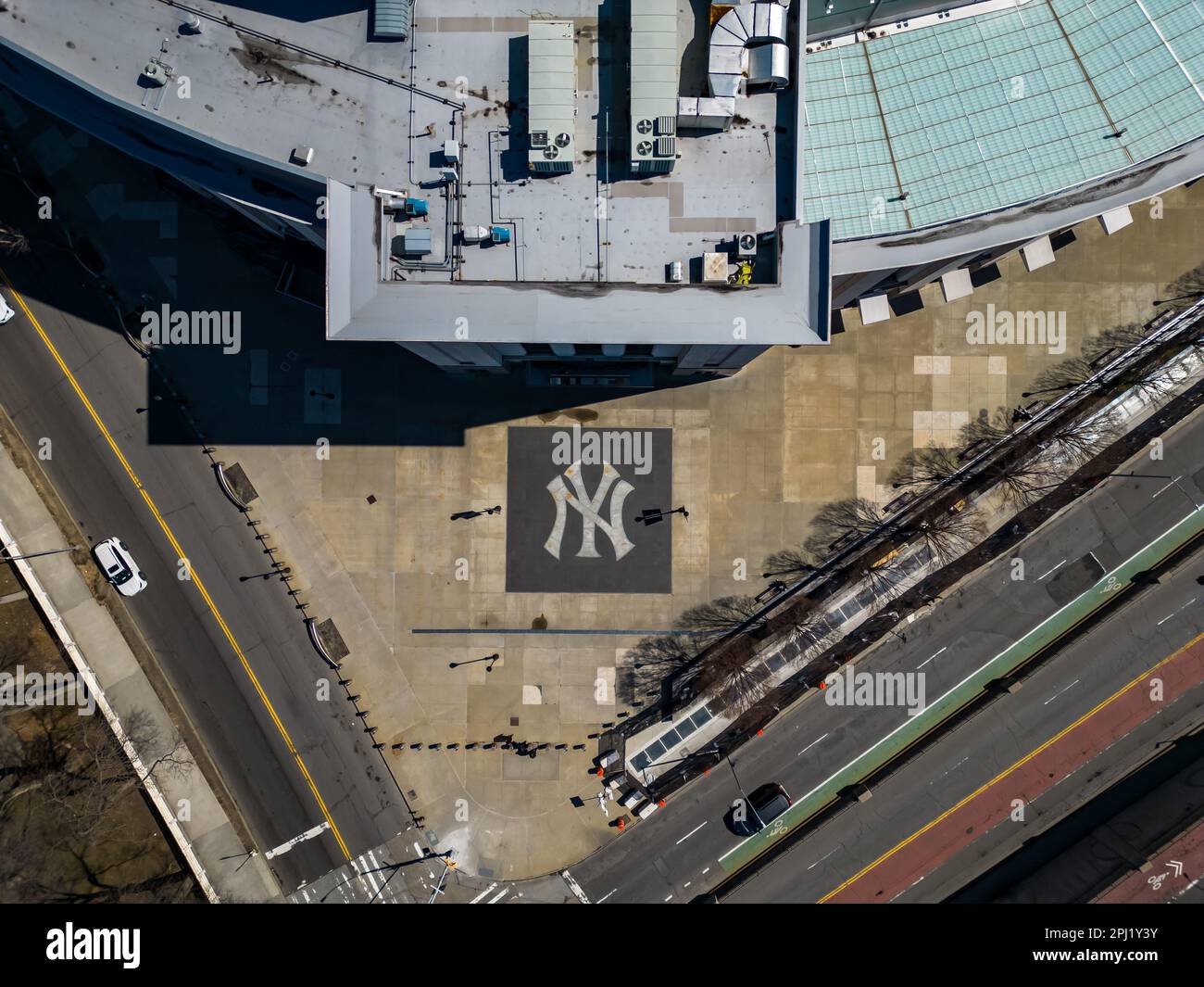 An aerial view of the Yankee stadium located in the center of Bronx ...