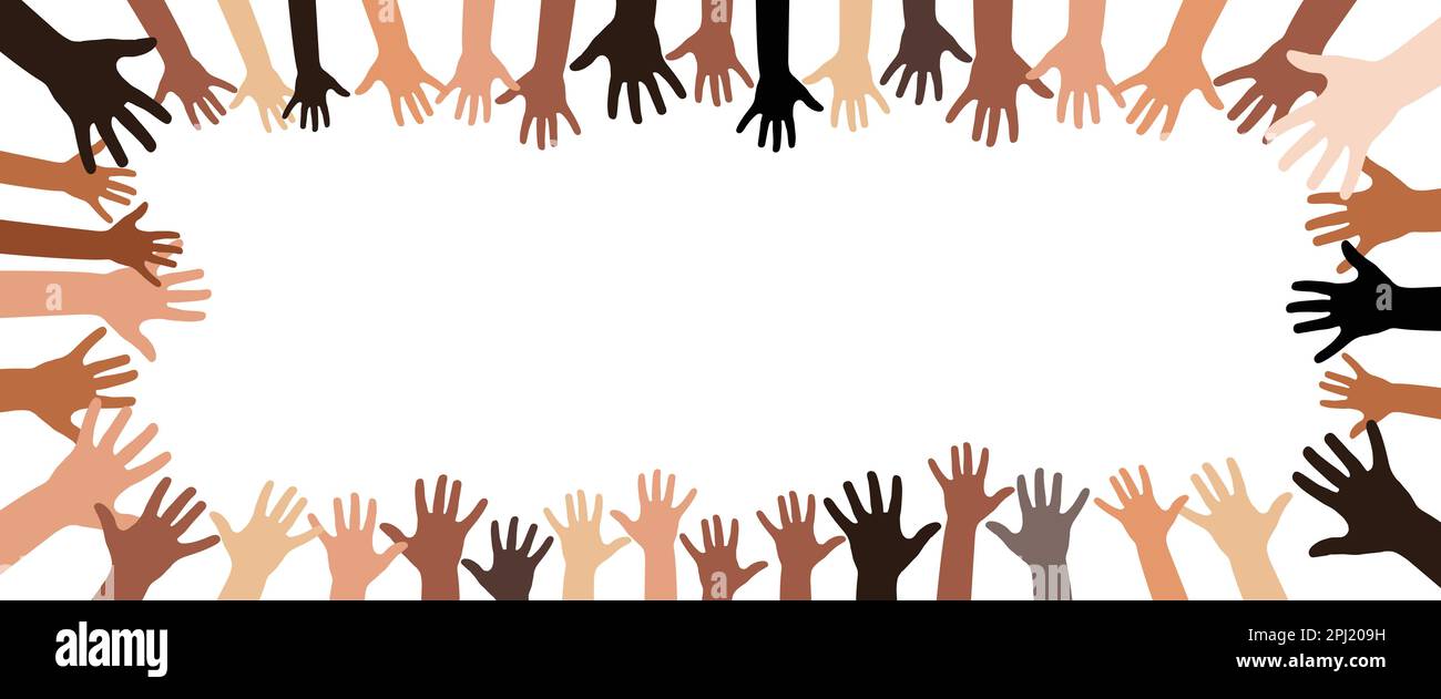 Colorful human hands with different skin colors and white background ...