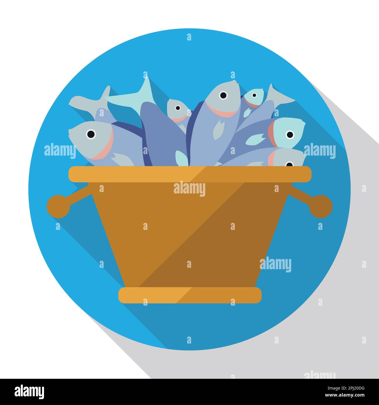 Basket full of fish inside round button. Design in flat style and long ... Basket full of fish inside round button. Design in flat style and long ...