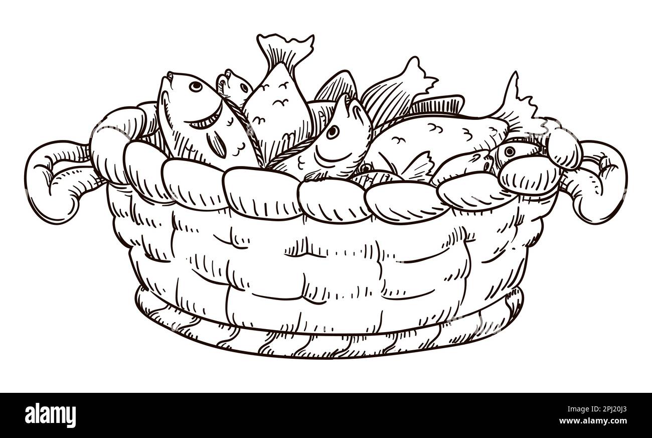 Drawing of a handmade basket full of fish over white background Stock ...