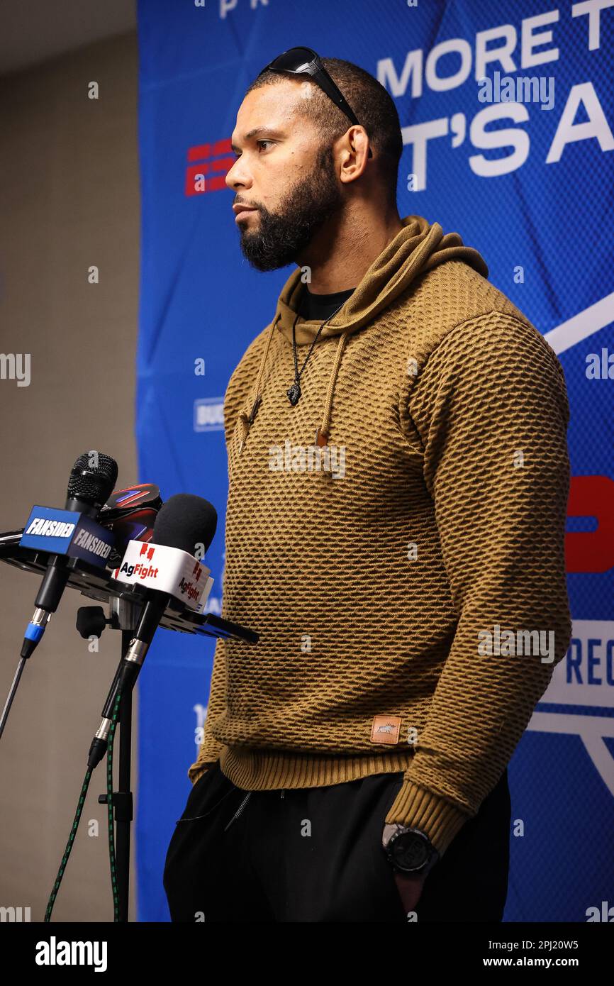 Las Vegas, NV, USA. 30th Mar, 2023. Light Heavyweight Thiago Santos speaks to media during the ...