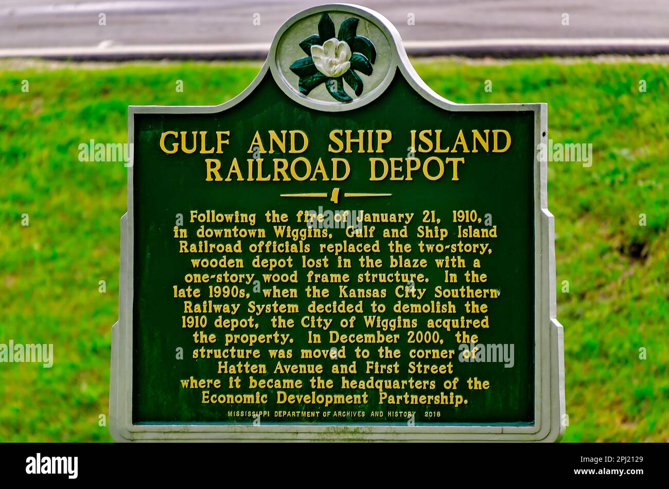 A historic marker tells the history of Wiggins Depot, March 29, 2023 ...