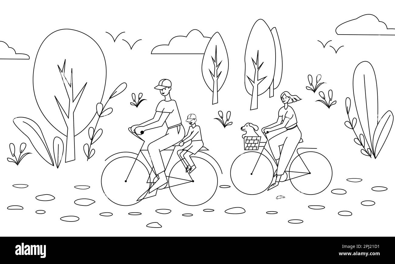 Family traveling on bike. Parents, dog and children cycling. Doodle ...