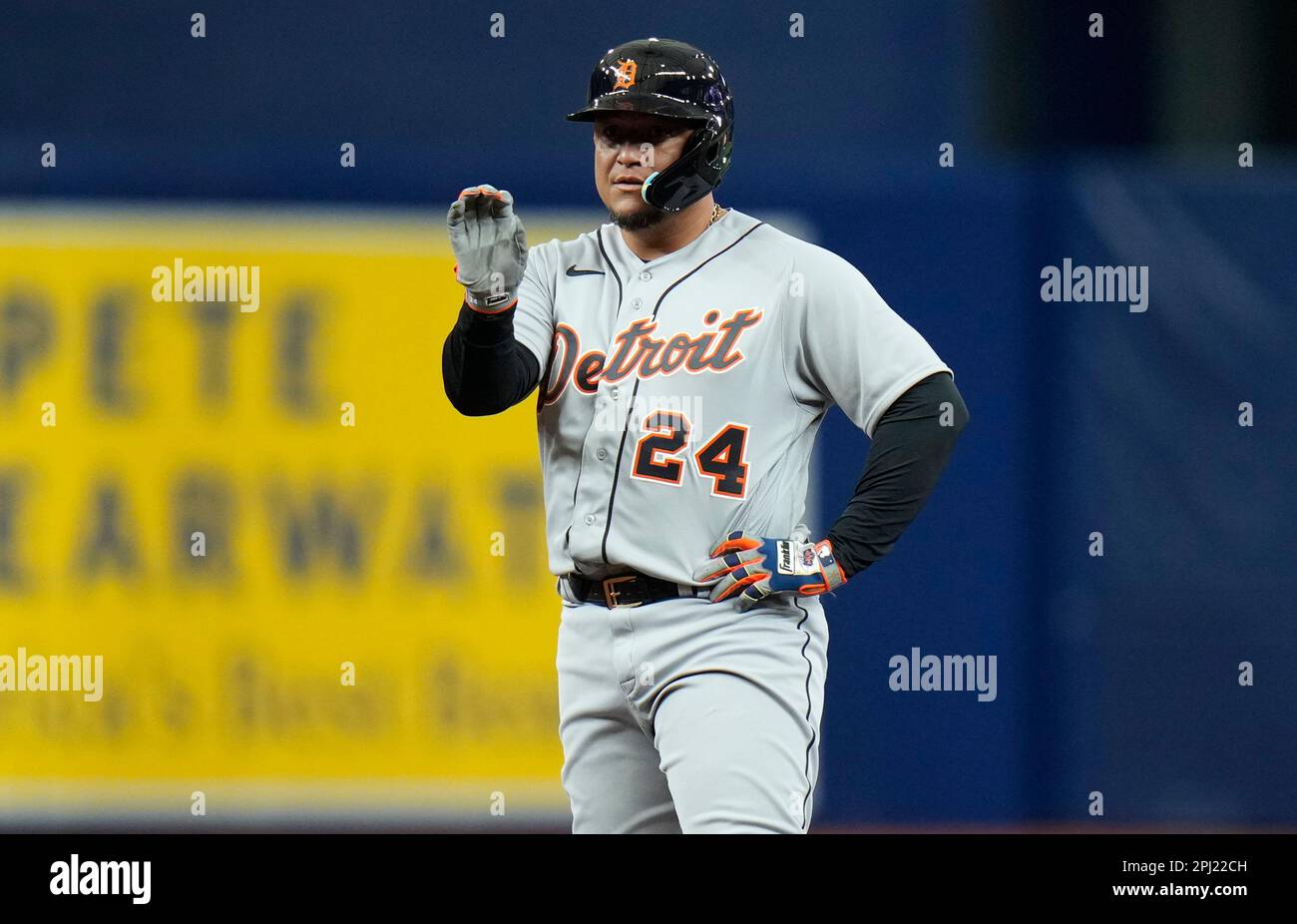 Detroit Tigers' Miguel Cabrera reacts after his double off Tampa Bay ...