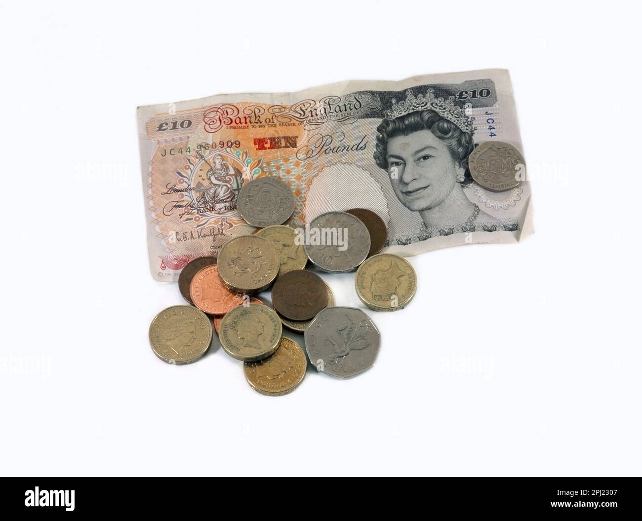 English Money - Old Ten Pound Note with Coins including old One Pound ...