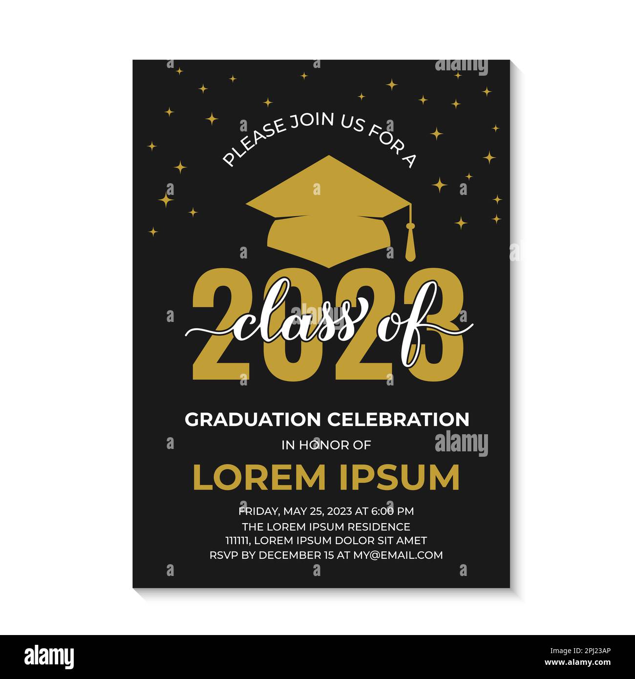 Graduation ceremony invitation card. Black and gold grad party invite ...