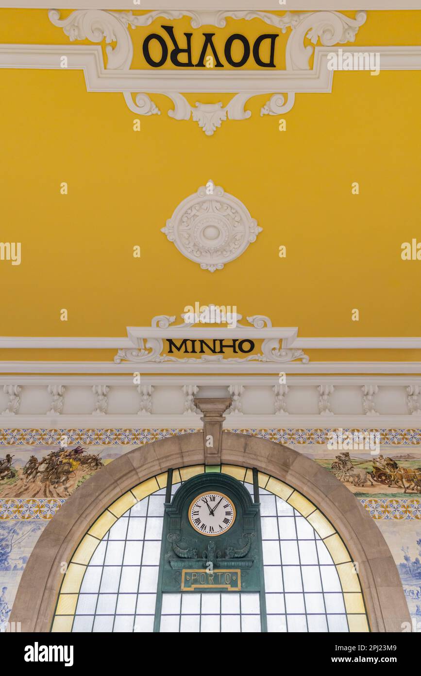 Europe, Portugal, Porto. April 7, 2022. Yellow ceiling in the Sao Bento ...