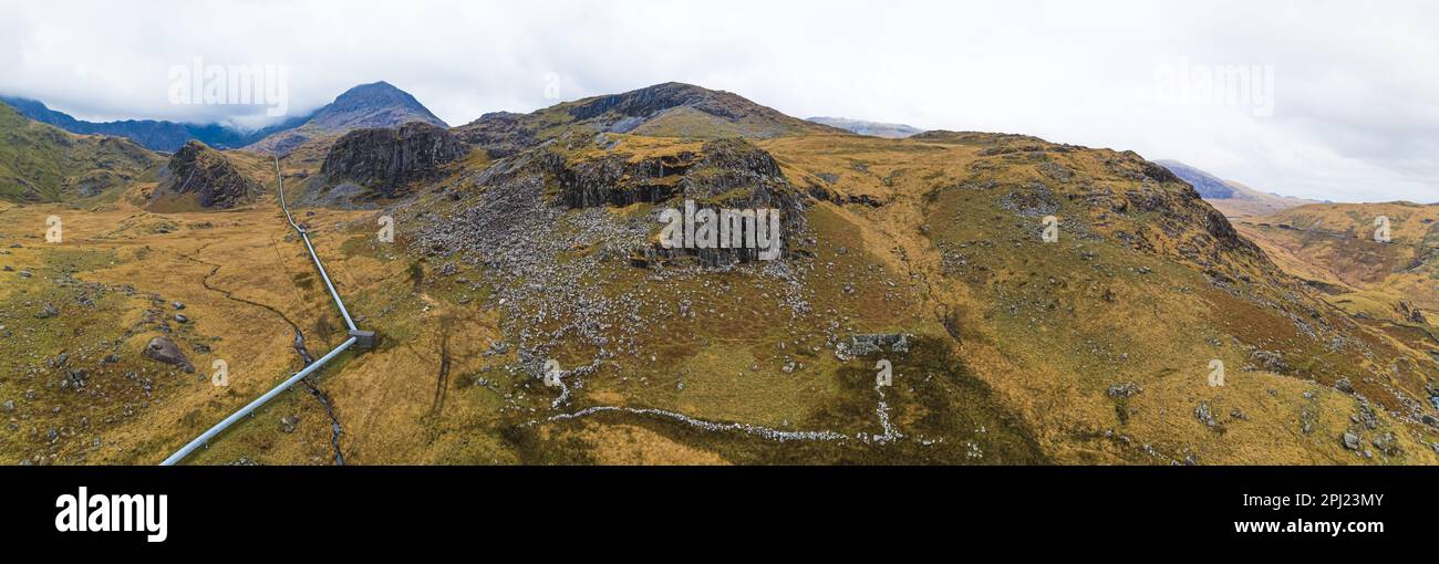 Mountain ranges of Snowdonia National Park in Wales. Panoramic aerial ...