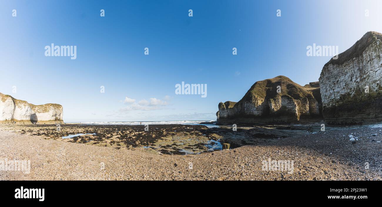 Beaches of England. Pebble and white chalk cliff beach of Flamborough ...