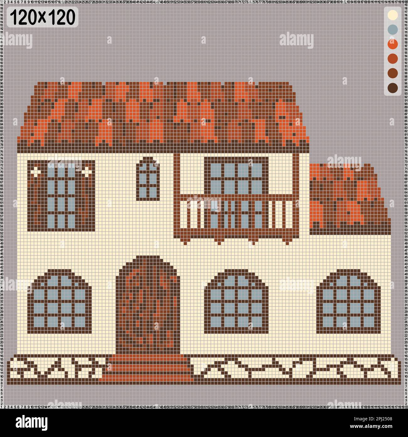 Pattern for cross stitch or knitting - house with a tiled roof and ...