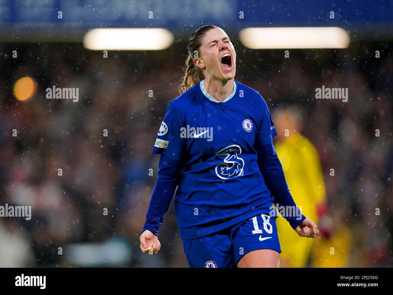 Chelsea's Maren Mjelde celebrates after scoring their side's first goal ...