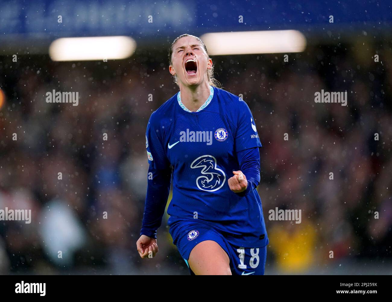 Chelsea's Maren Mjelde celebrates after scoring their side's first goal ...