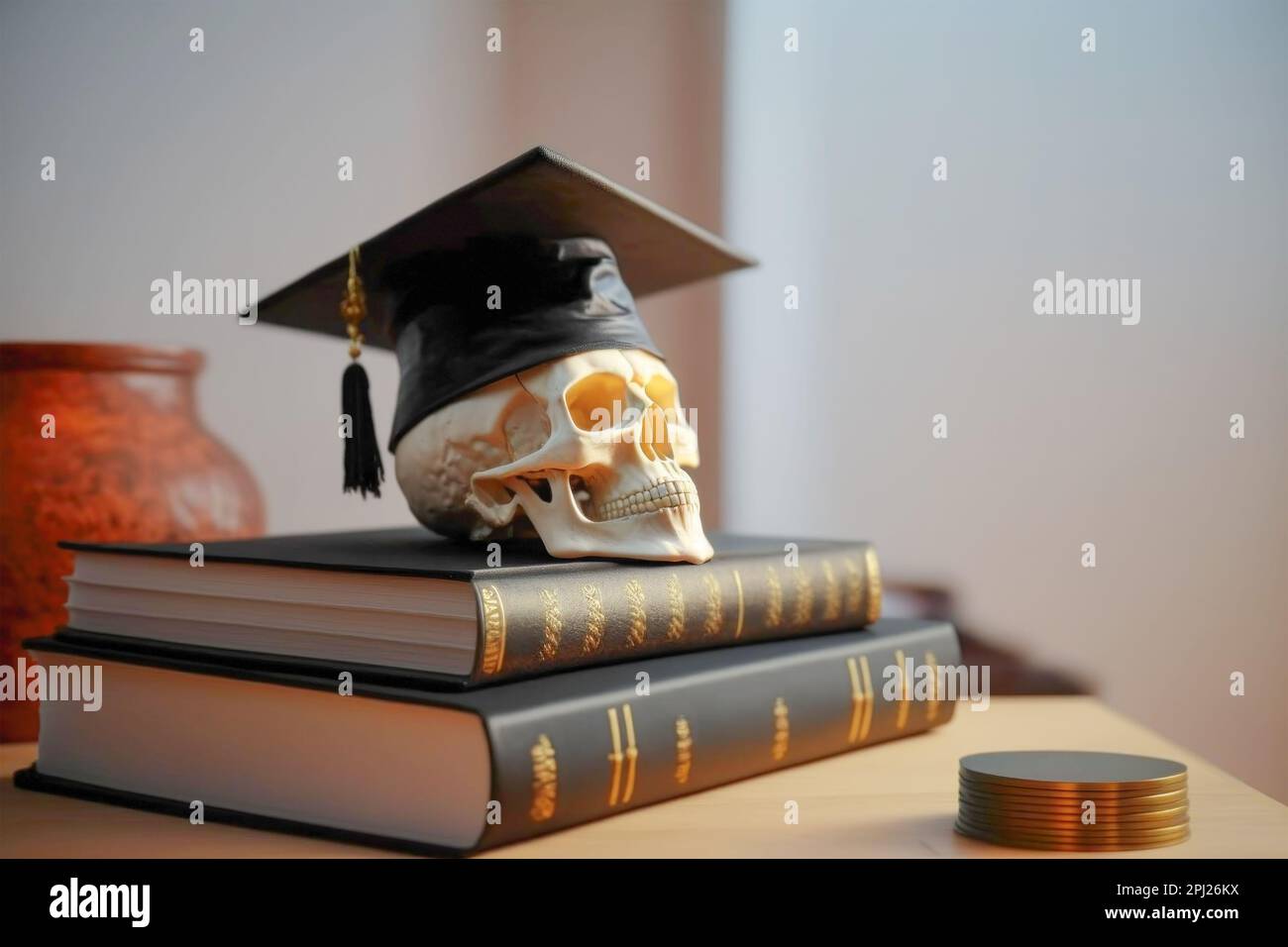 The skull of a man in a traditional Graduate cap lies on academic books ...