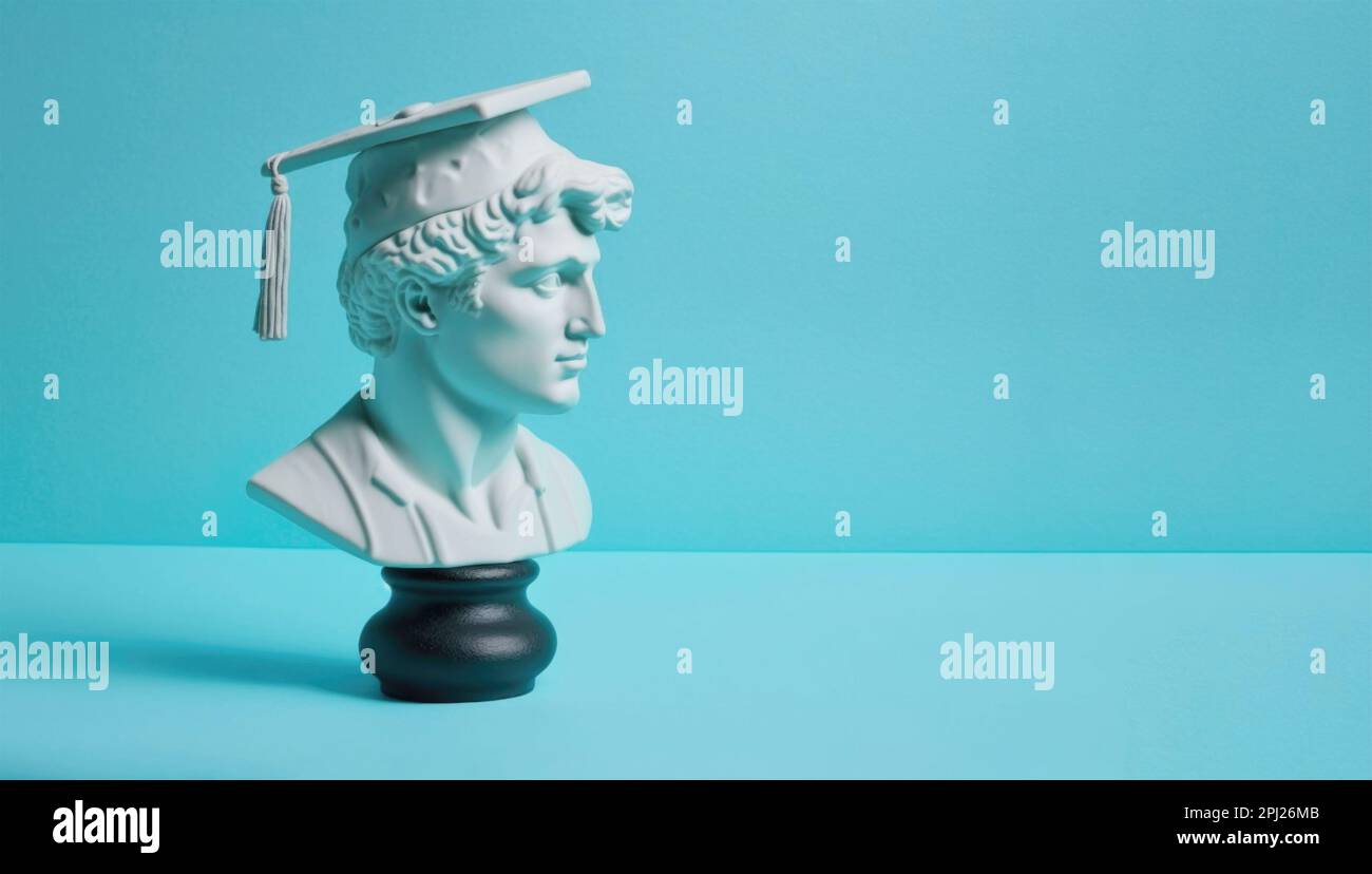 Plaster head of David wearing a traditional Graduate cap, blue ...