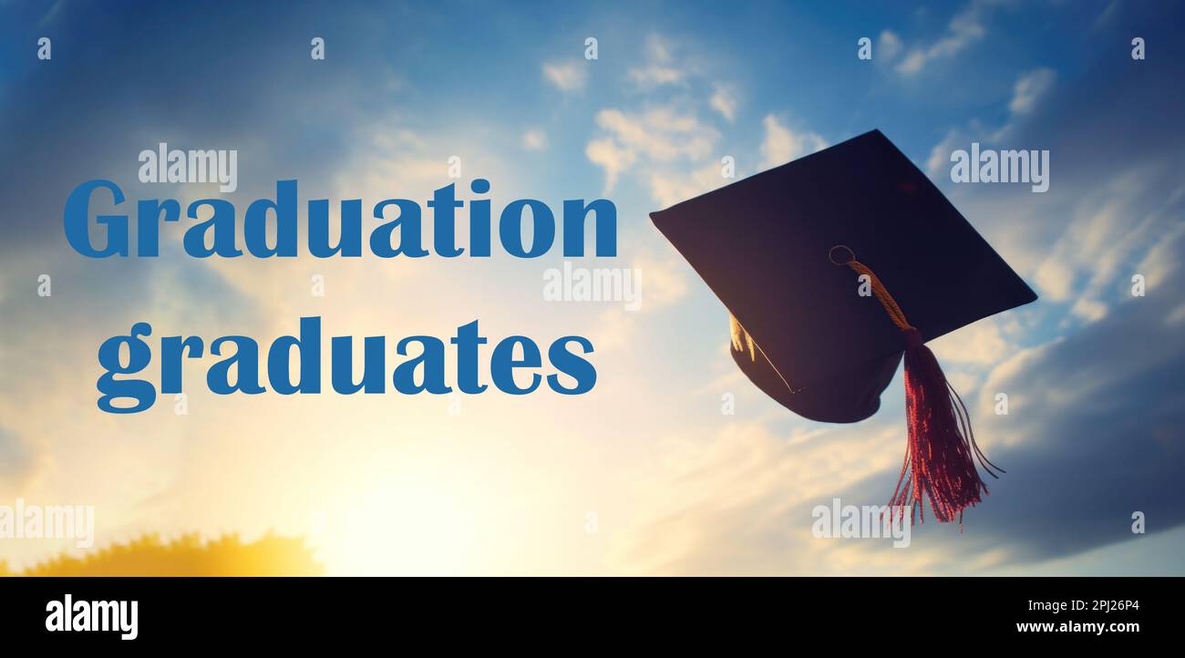 Graduation cap thrown up in the blue sky, phrase Congratulations ...