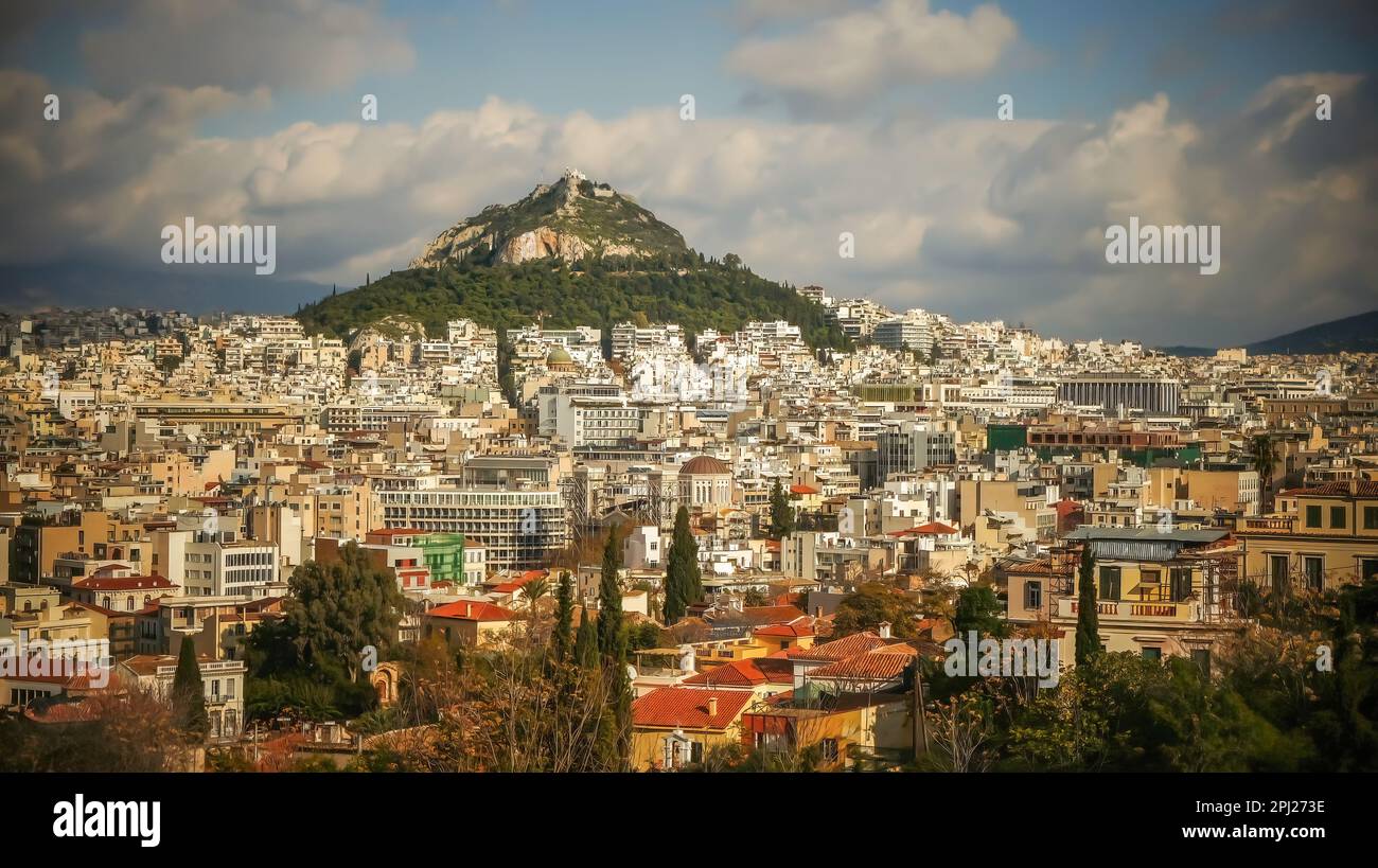 Panoramic view to Athens Greece from the ancient Acropolis temple ...