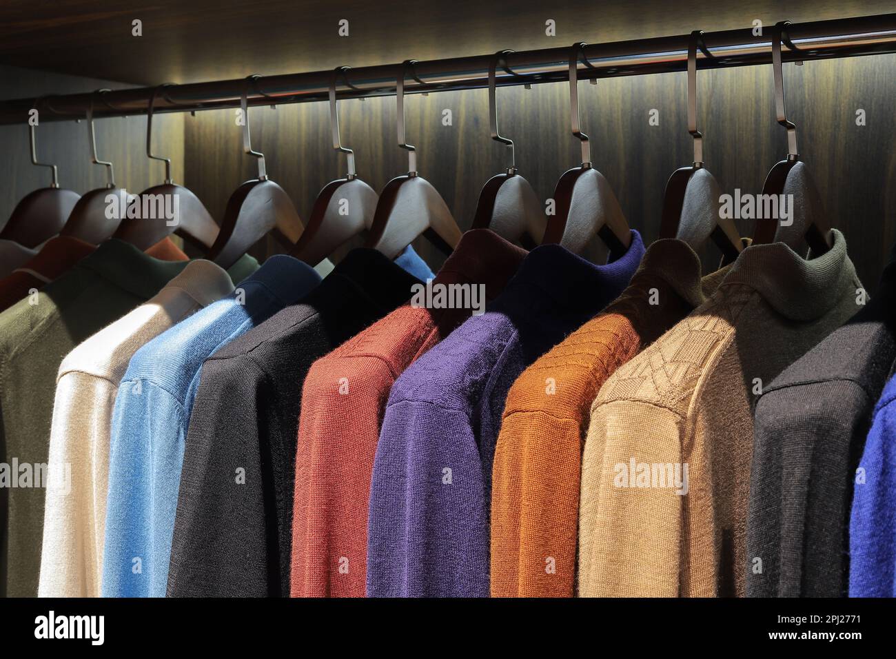 New collection of different color mens wear close-up in the shop Stock ...