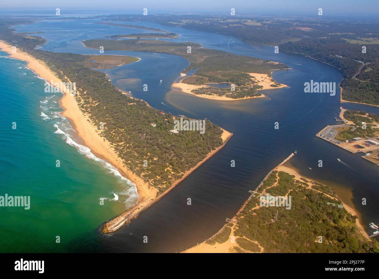 Aerial of the Gippsland Lakes and the ocean 'entrance' at Lakes ...