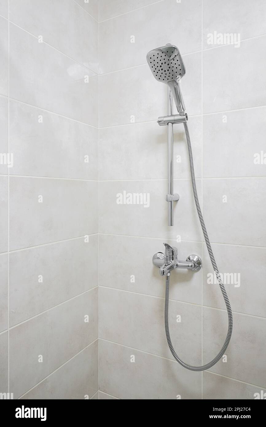 Chrome shower rack system close-up in the bathroom Stock Photo - Alamy