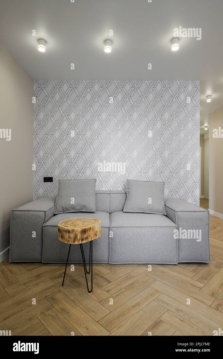 Stylish grey sofa in hi-res stock photography and images - Alamy