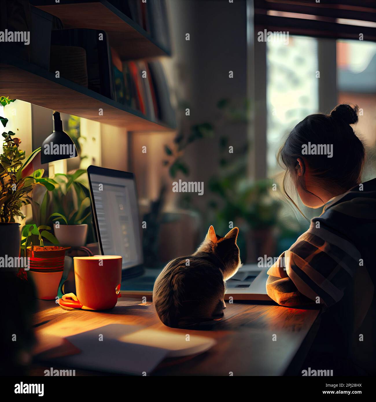 a woman sitting at a desk with two cats on her lap, looking out the ...