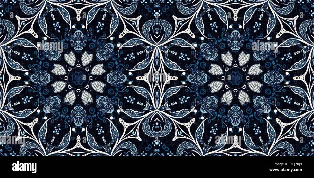 Retro indigo floral bandana 2 tone patterned fabric border background ...