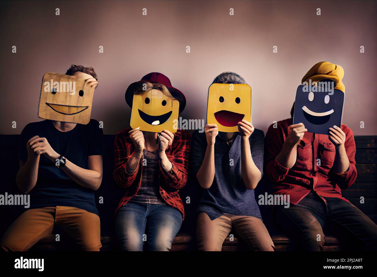 three people sitting on a couch with paper masks covering their faces ...