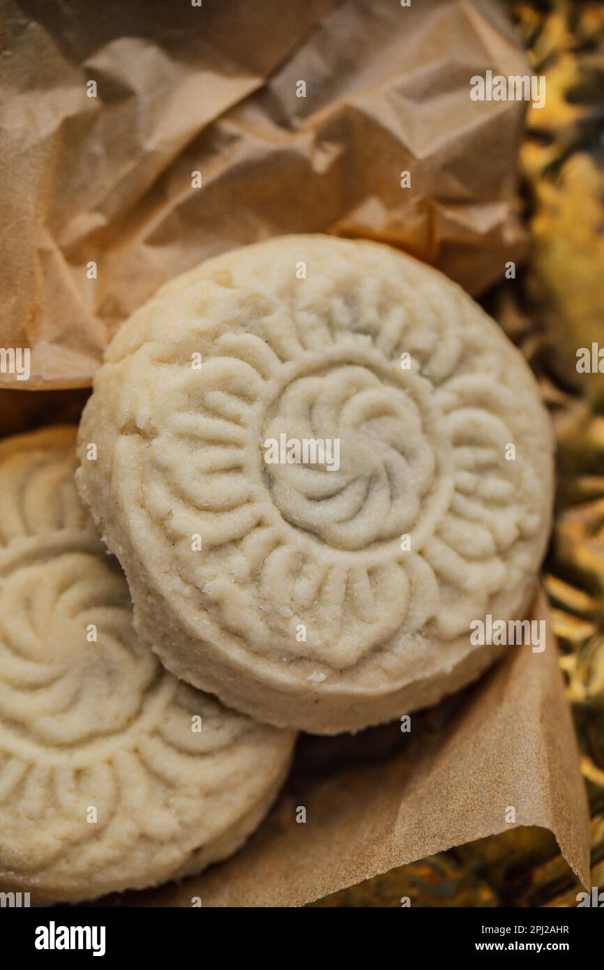 close up of maamoul (ma'amoul), date-filled butter cookies with a ...