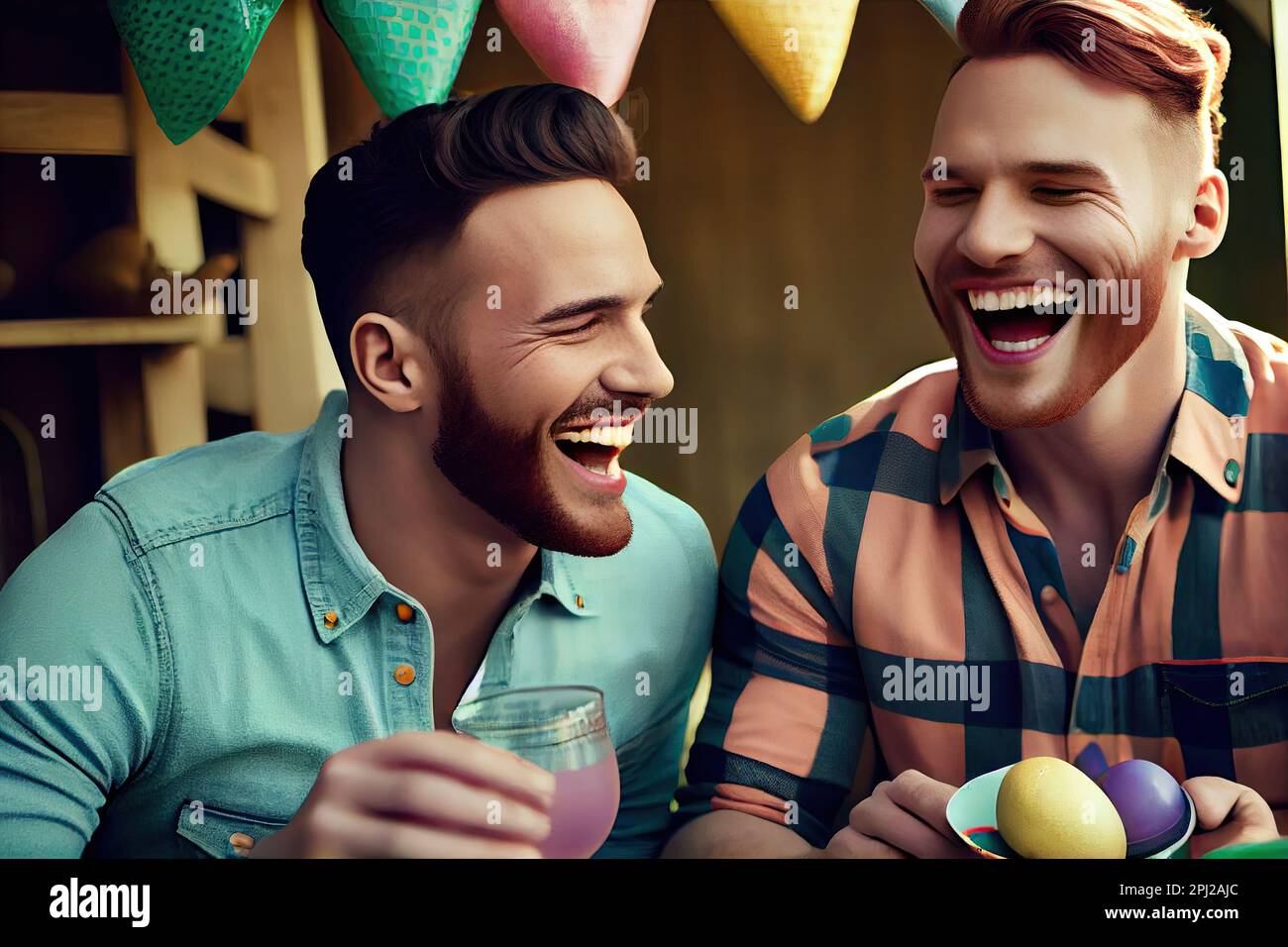 two men laughing at each other man's table with easter eggs in their ...