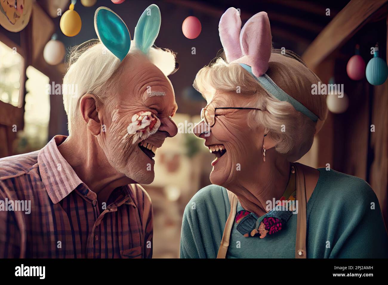 an older man and woman with bunny ears on their heads, looking at each ...