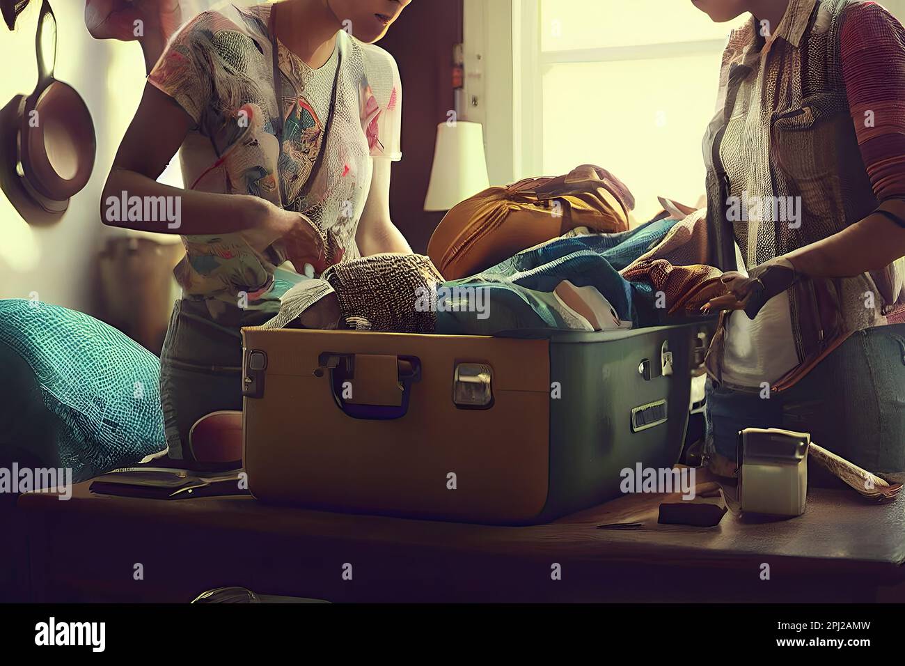 two women packing clothes on a table in the living room with sunlight ...