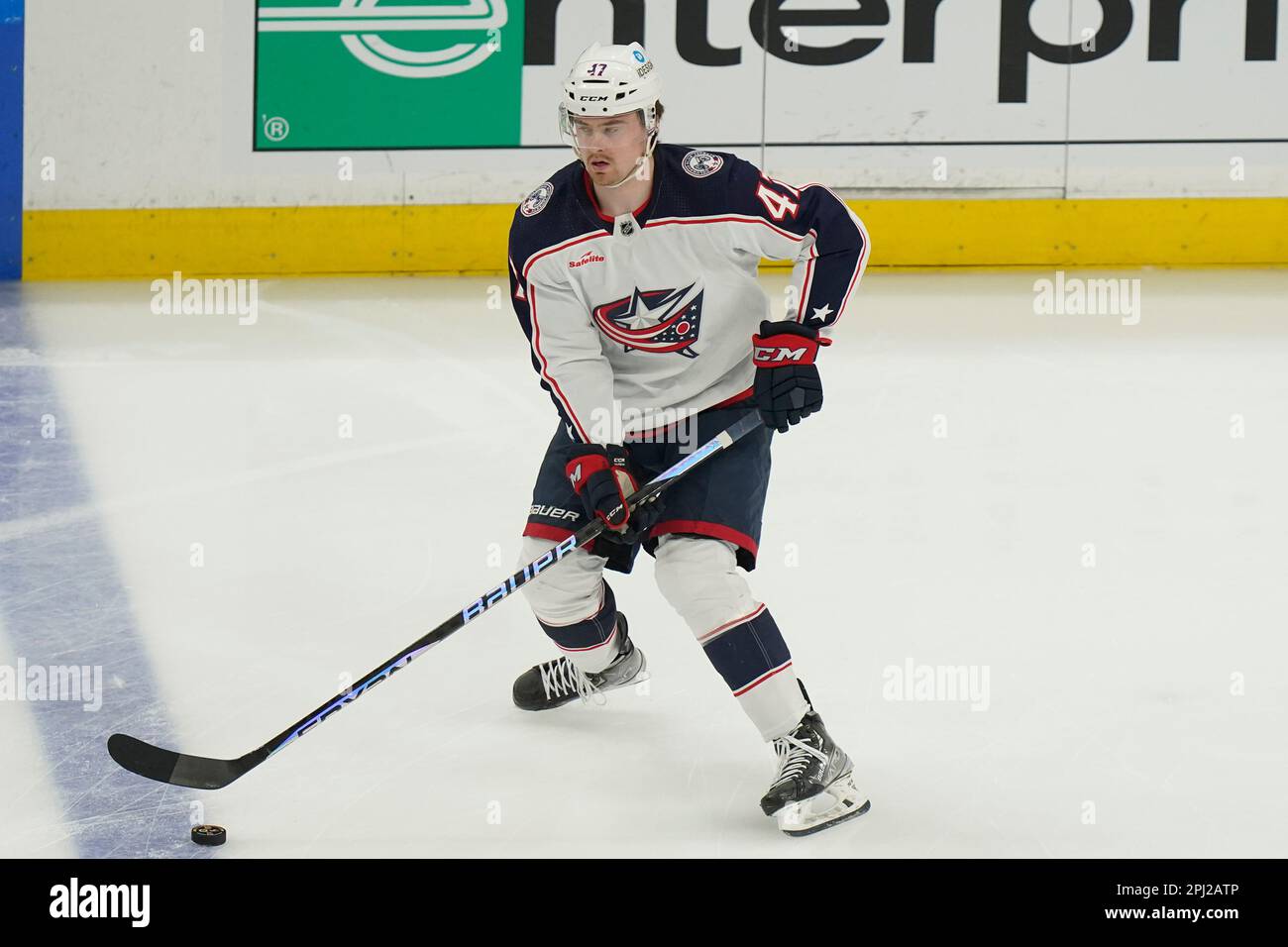 Columbus Blue Jackets defenseman Marcus Bjork (47) warms up before an ...