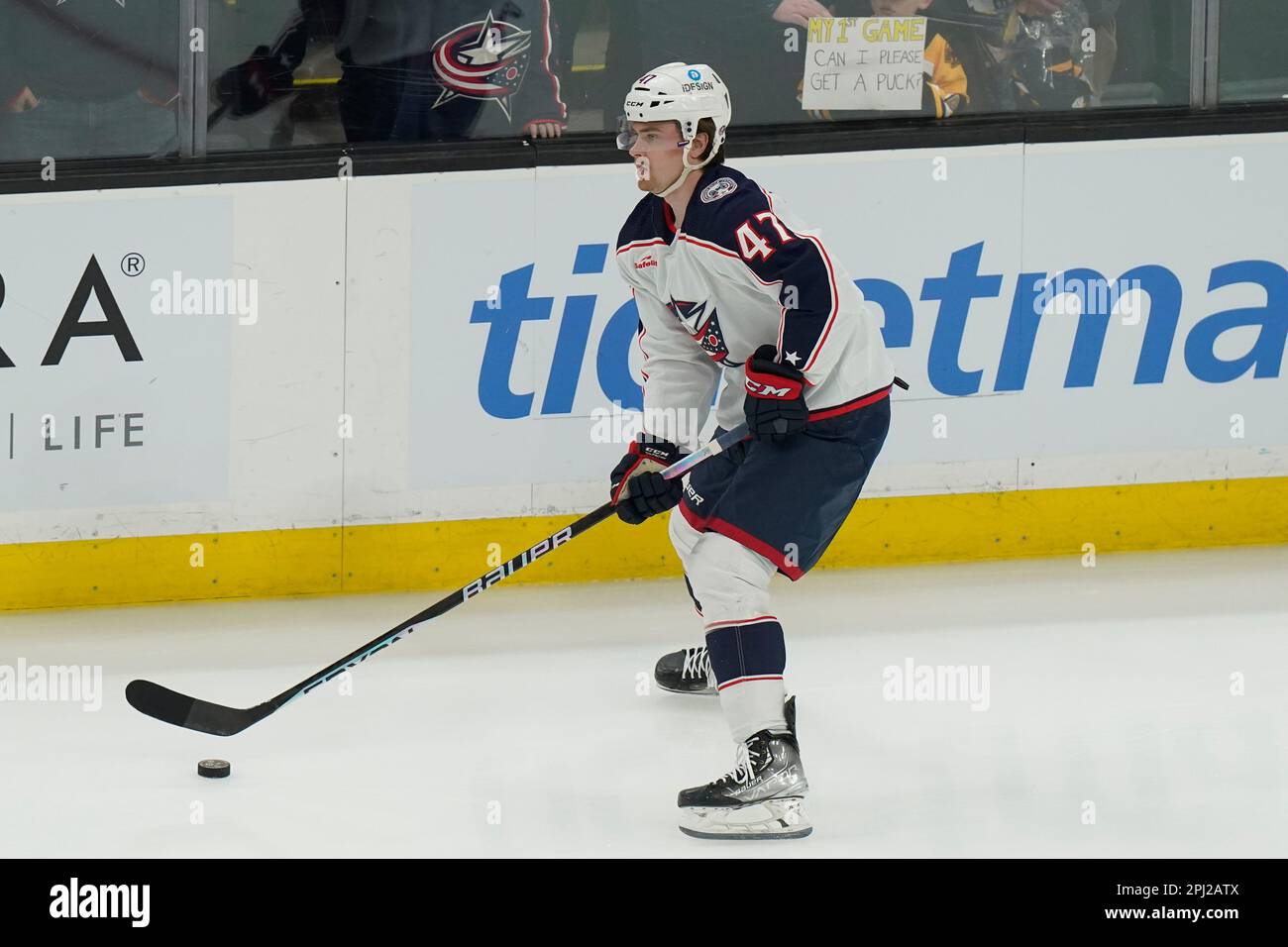 Columbus Blue Jackets defenseman Marcus Bjork (47) warms up before an ...