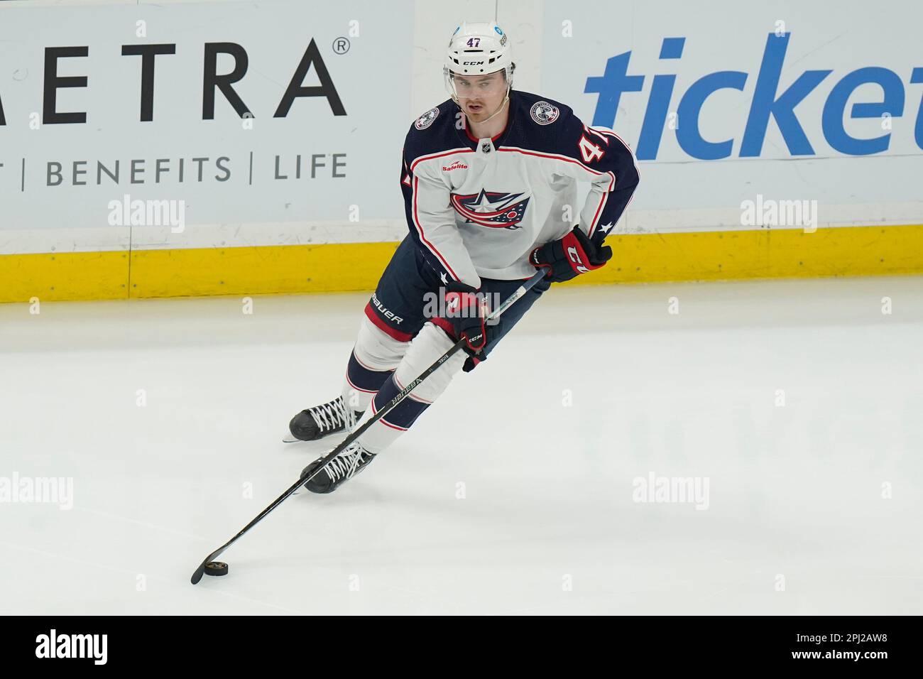 Columbus Blue Jackets defenseman Marcus Bjork (47) warms up before an ...