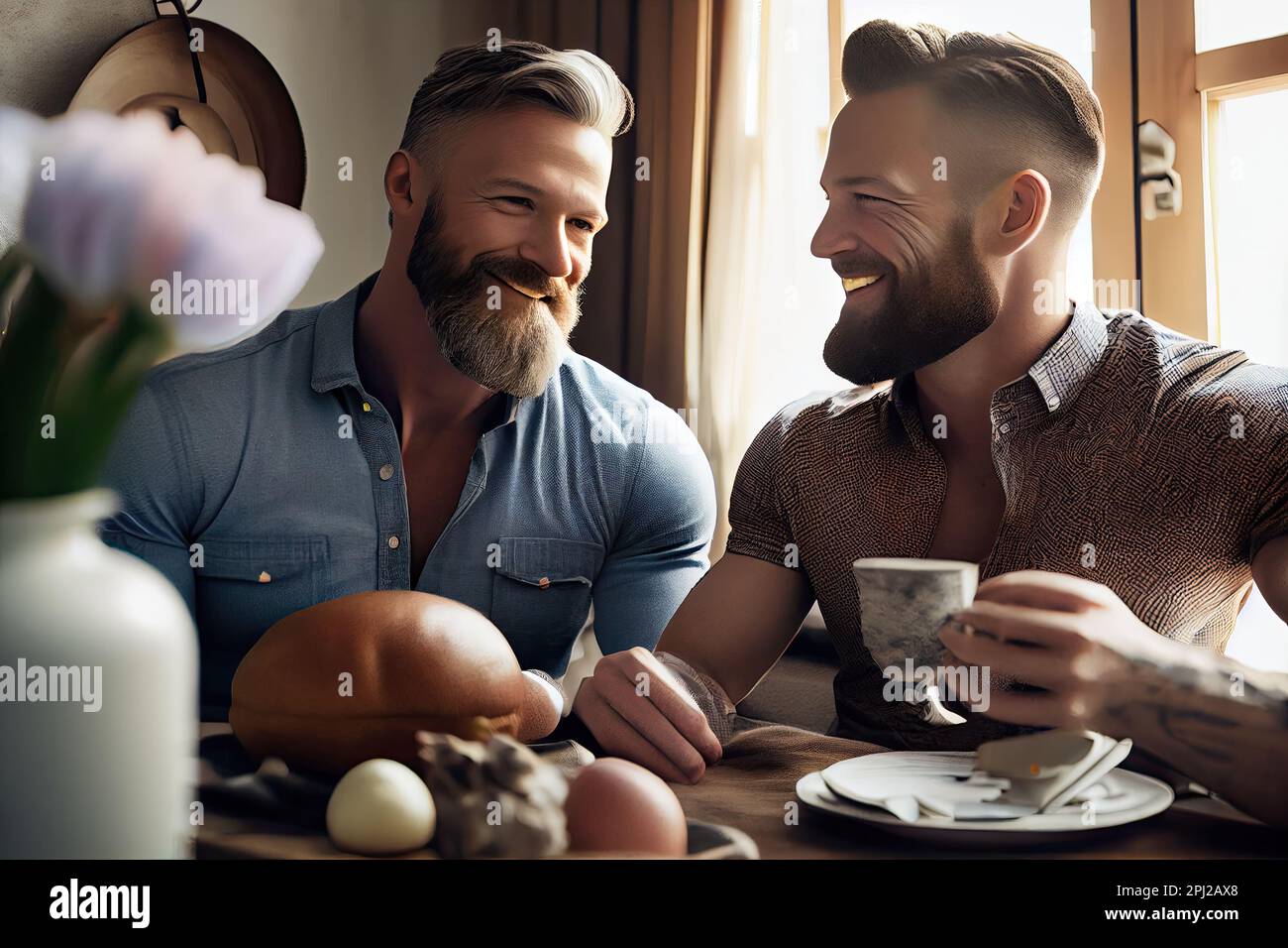 two men sitting at a table with food in front of them and one is ...