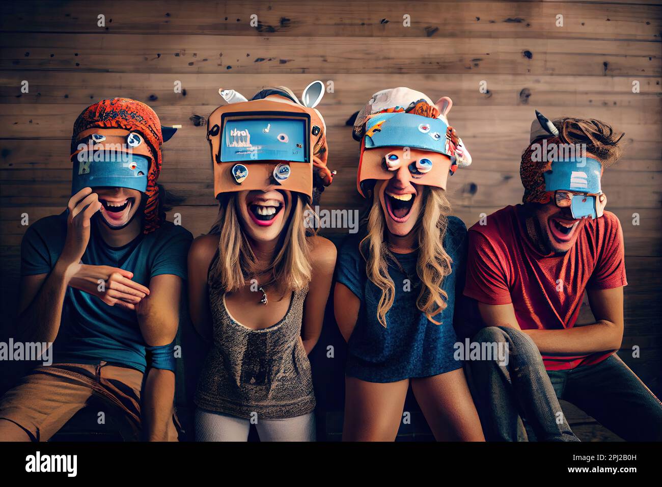 three people wearing animal masks on their faces and one is holding a ...