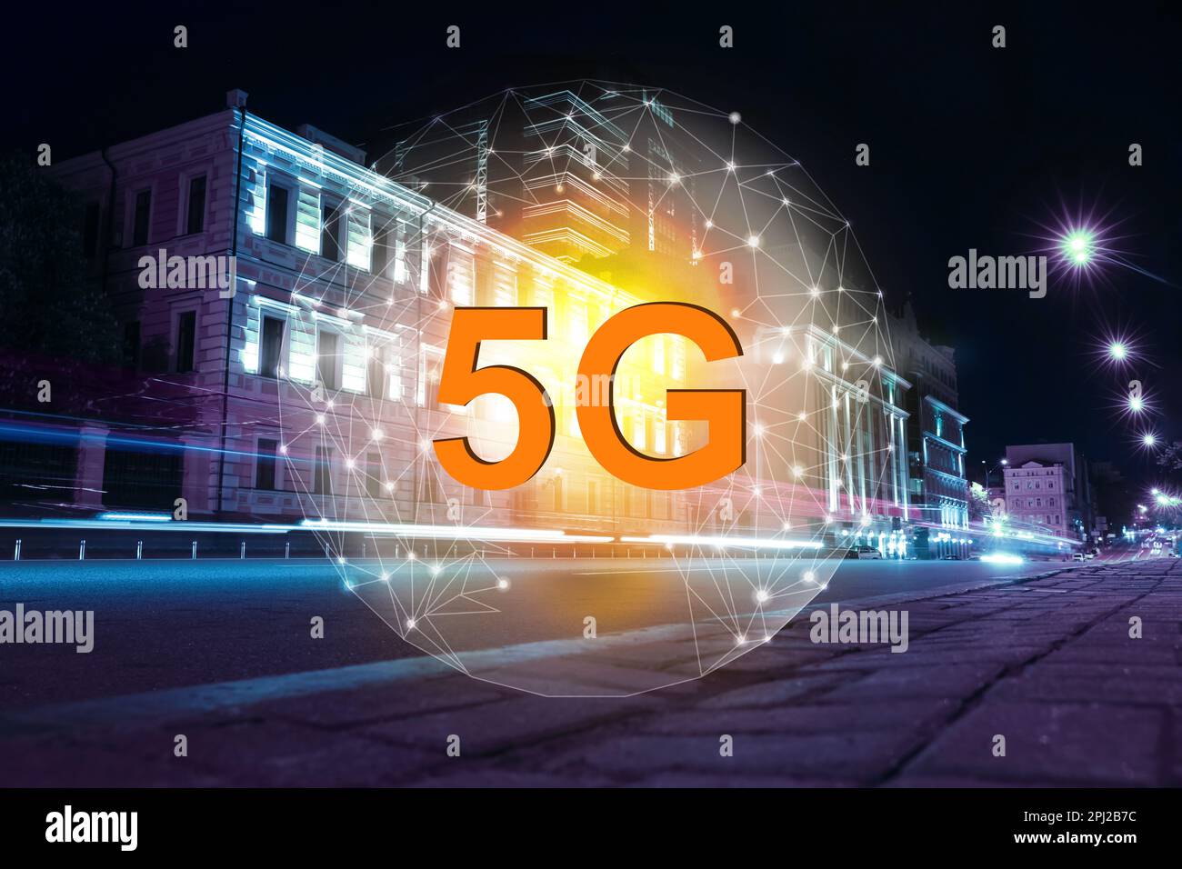 5G wireless network. View of night cityscape with illuminated buildings ...