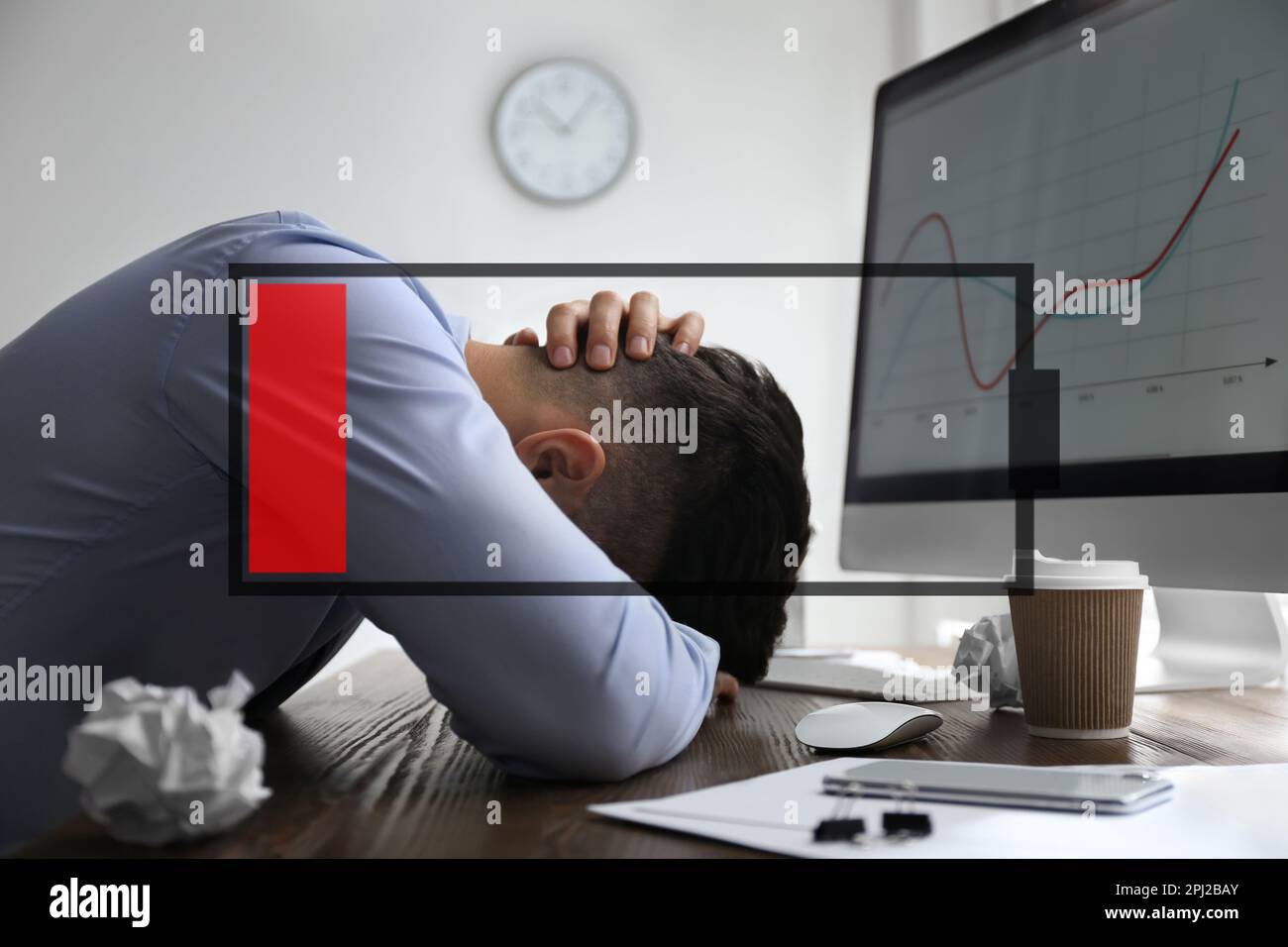 Illustration of discharged battery and tired man at workplace in office ...