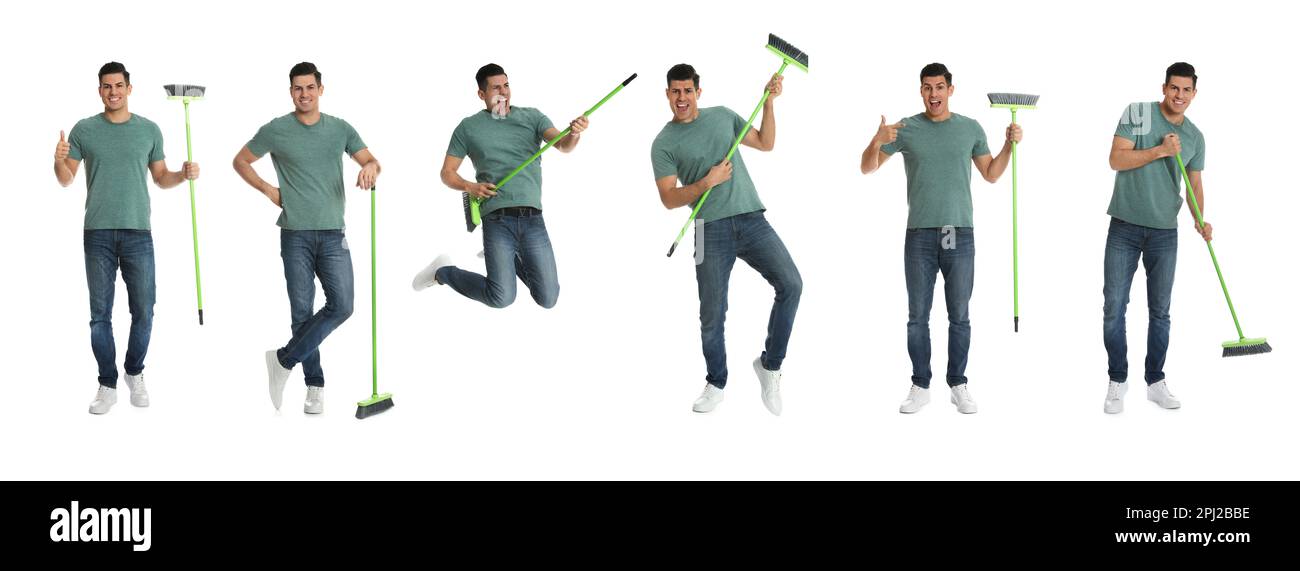 Collage with photos of happy man with broom on white background. Banner ...