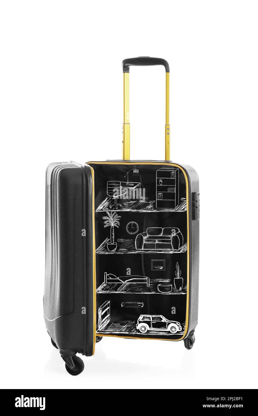 Open black suitcase with drawing of different room interiors on white ...