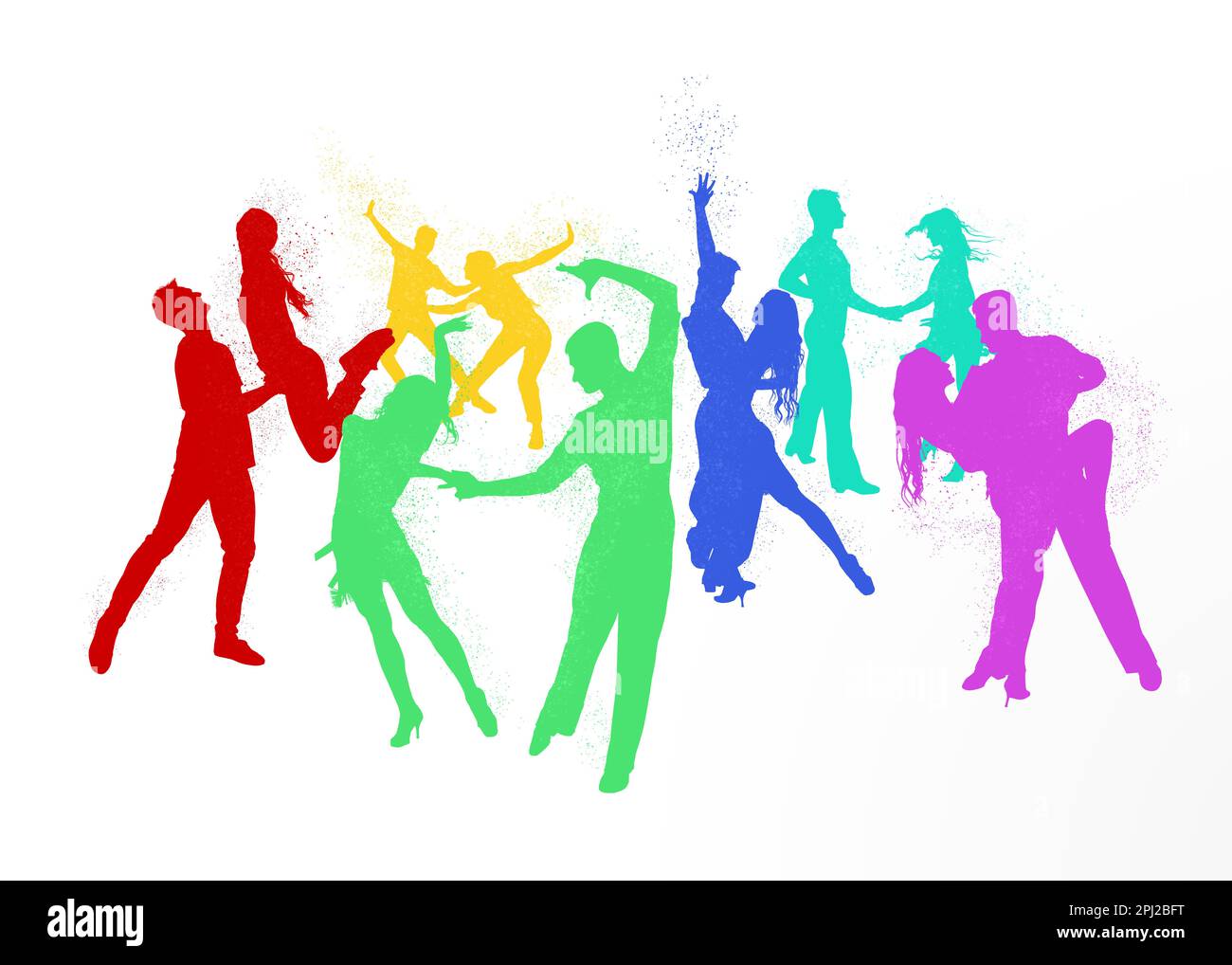 Colorful silhouettes of people dancing on white background ...