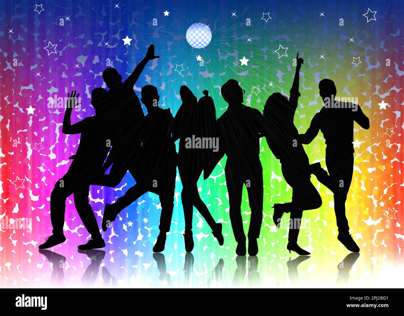 Silhouettes of people dancing on colorful background. Illustration ...