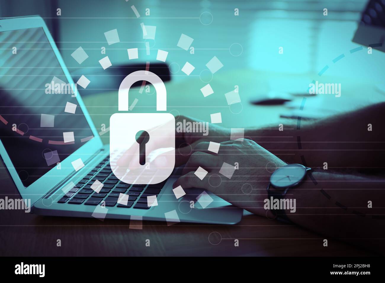 Cyber security concept. Illustration of lock and man working with ...